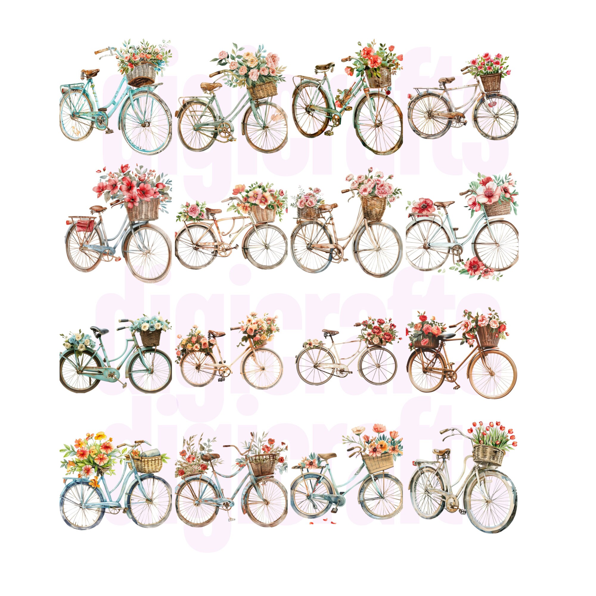 Bicycles With Flowers Clip Art Pack, Commercial Use, Vintage ...