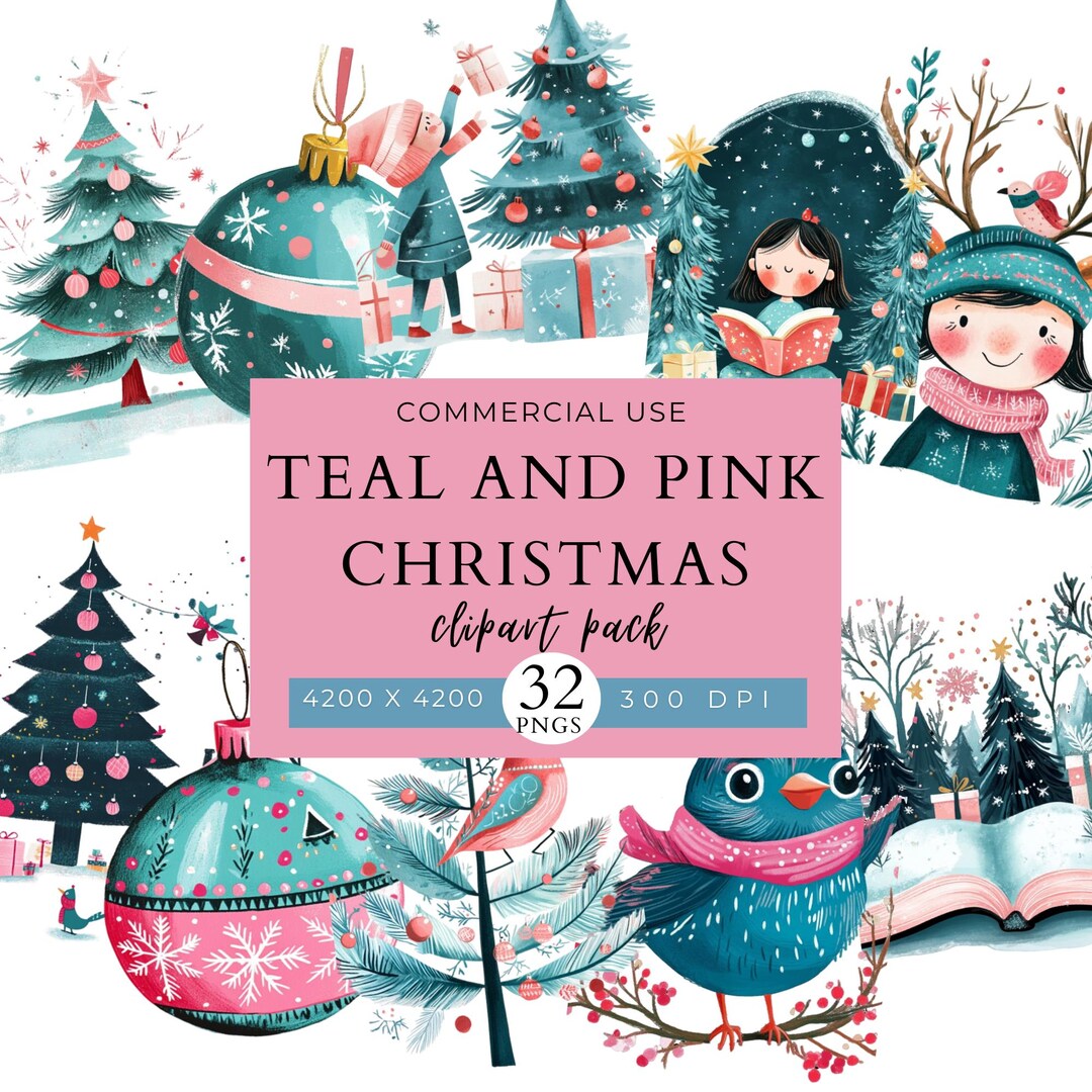 Teal and Pink Christmas Clip Art Pack, Commercial Use, Christmas ...