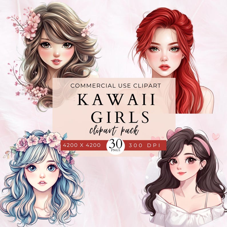 Kawaii Girls Clip Art Pack, Commercial Use, Kawaii Graphics, People ...