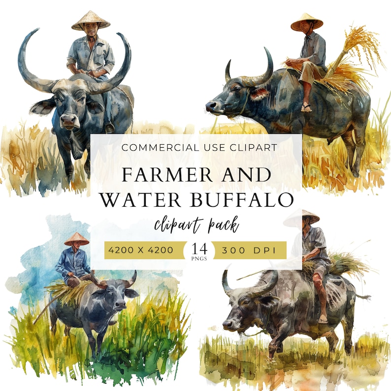 Farmer and Water Buffalo Clip Art Pack, Commercial Use, Farm, Carabao ...