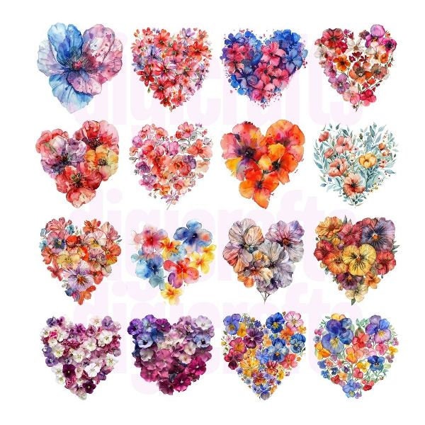 Flower Hearts Clip Art Pack, Commercial Use, Floral Graphics ...