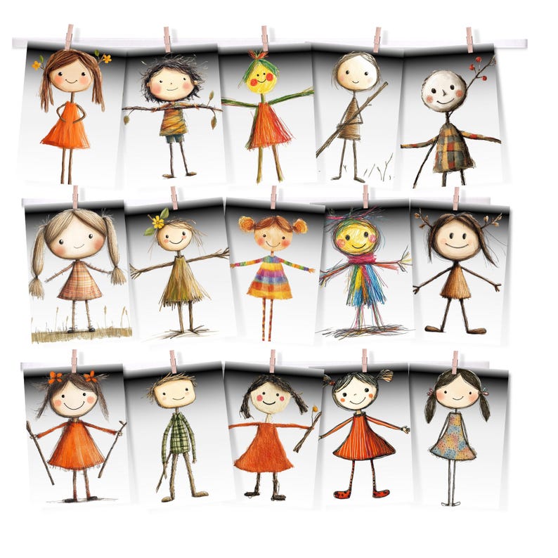 Stick Dolls Clip Art: 40 PNG Illustrations for Scrapbooking (digital ...