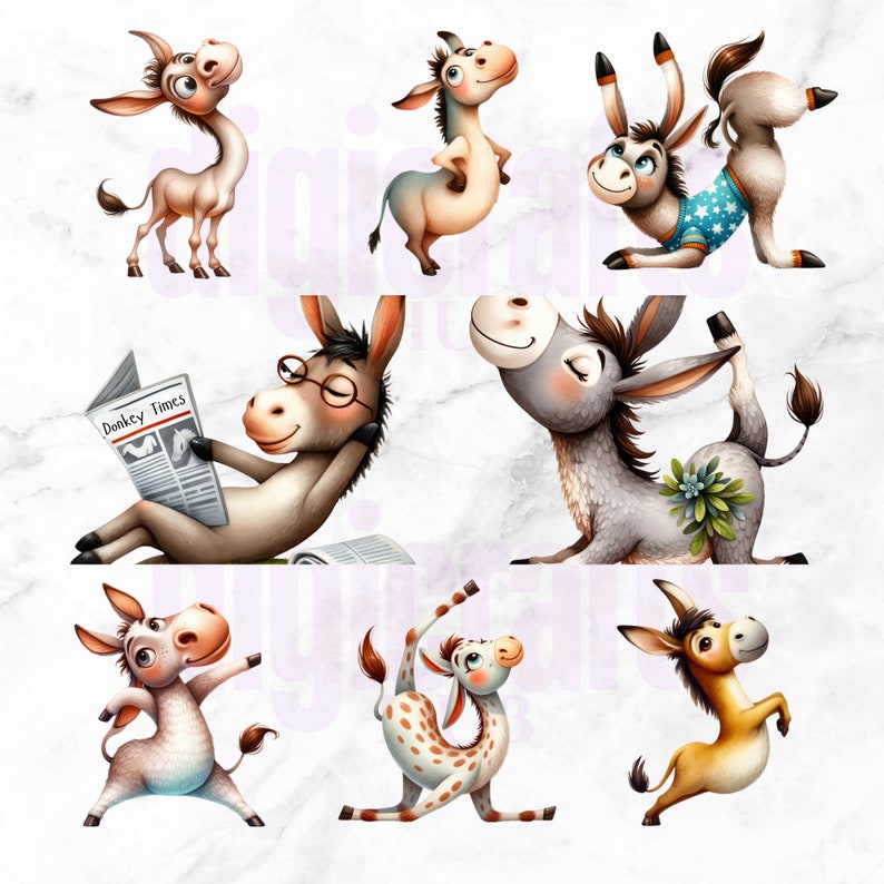 Quirky Donkeys Clip Art Pack, Donkey Stickers, Whimsical, Funny Donkeys ...