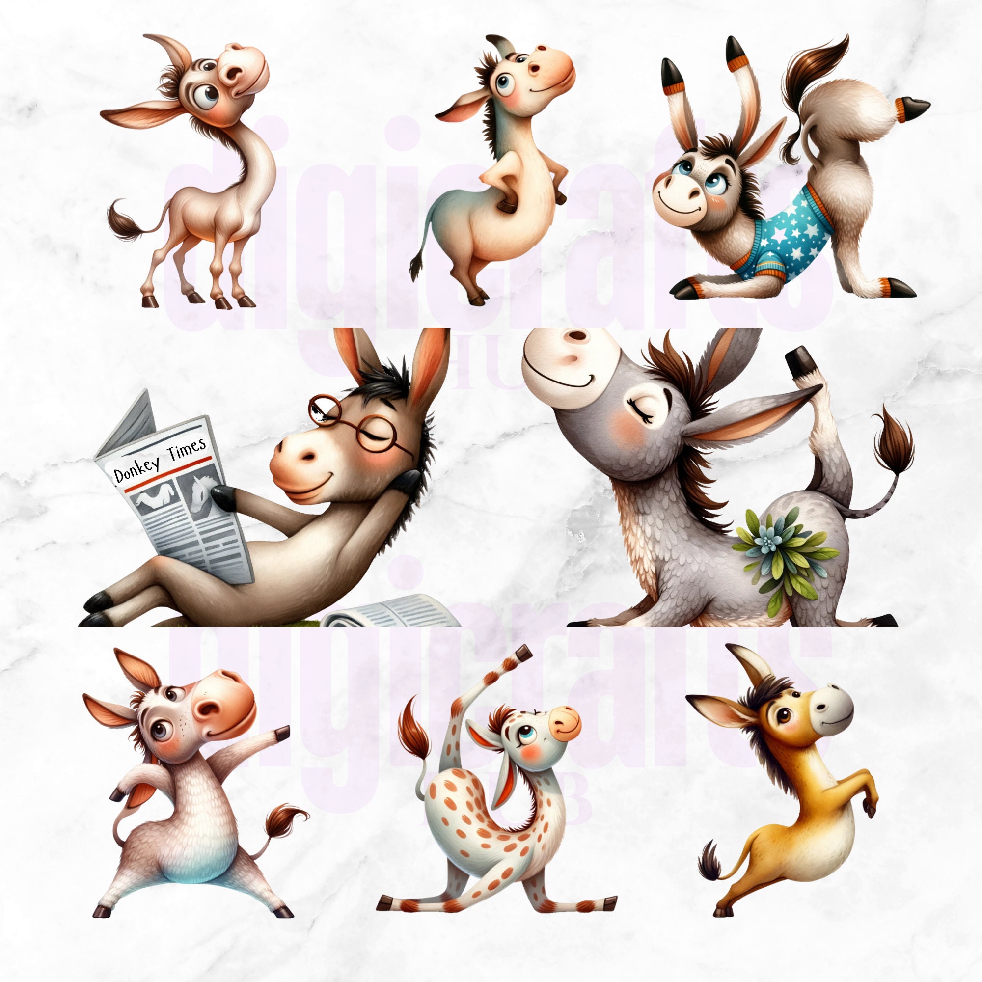 Quirky Donkeys Clip Art Pack, Donkey Stickers, Whimsical, Funny Donkeys ...