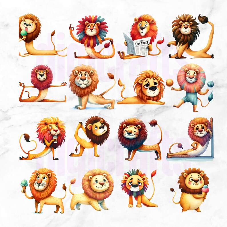 Quirky Lion Clip Art Pack, Lion Stickers, Whimsical, Funny Lions ...