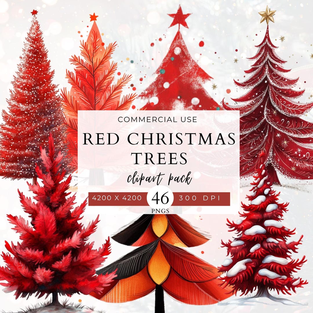 Red Christmas Trees Clip Art Pack, Commercial Use, Christmas ...