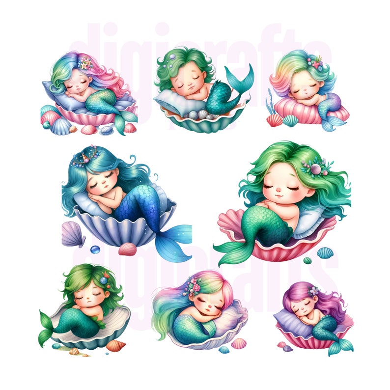 Sleeping Baby Mermaids Clip Art Pack, Commercial Use, PNG Graphics ...
