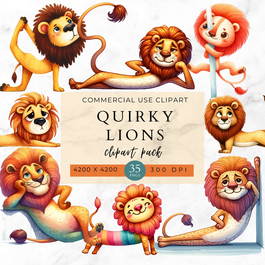 Quirky Lion Clip Art Pack, Lion Stickers, Whimsical, Funny Lions ...
