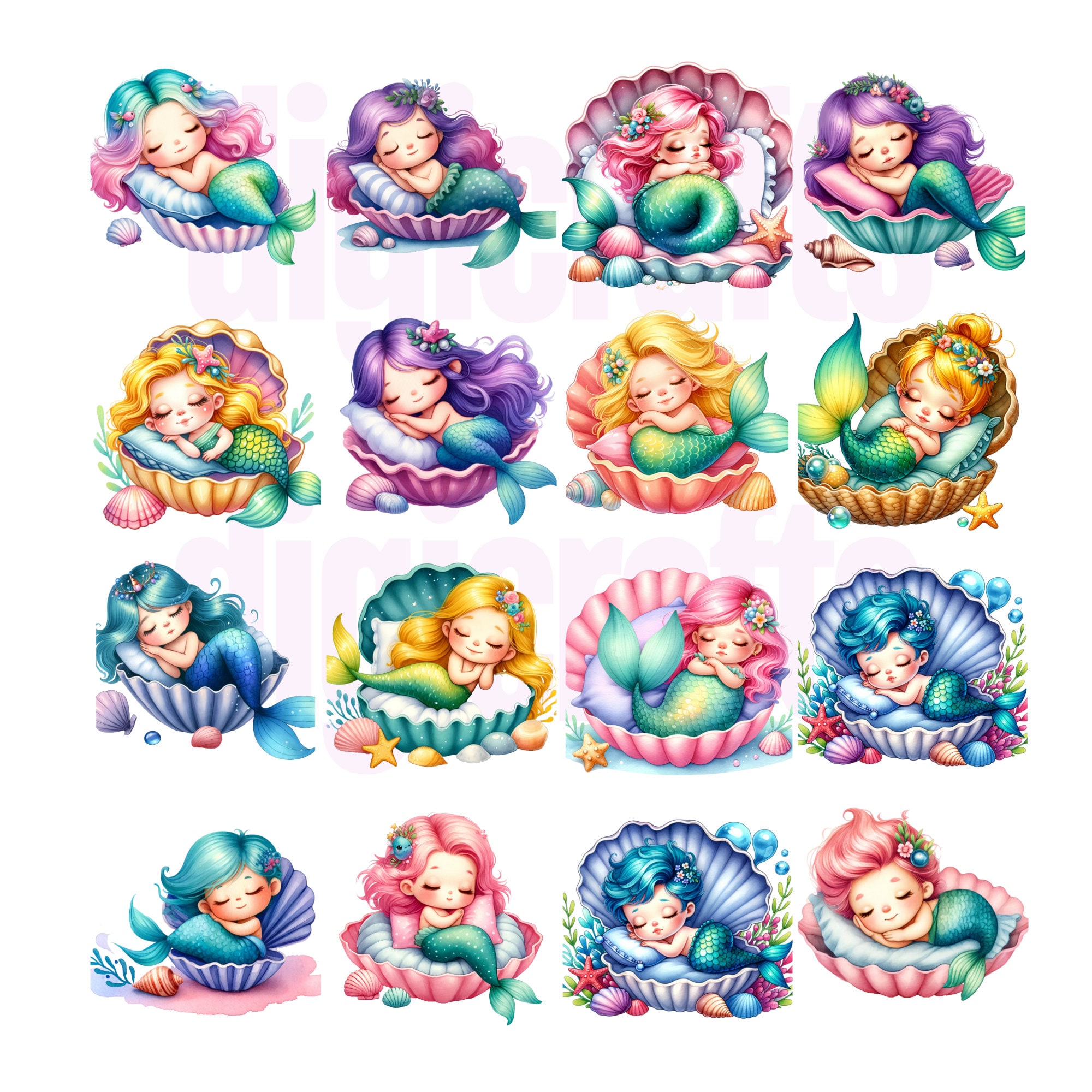 Sleeping Baby Mermaids Clip Art Pack, Commercial Use, PNG Graphics ...