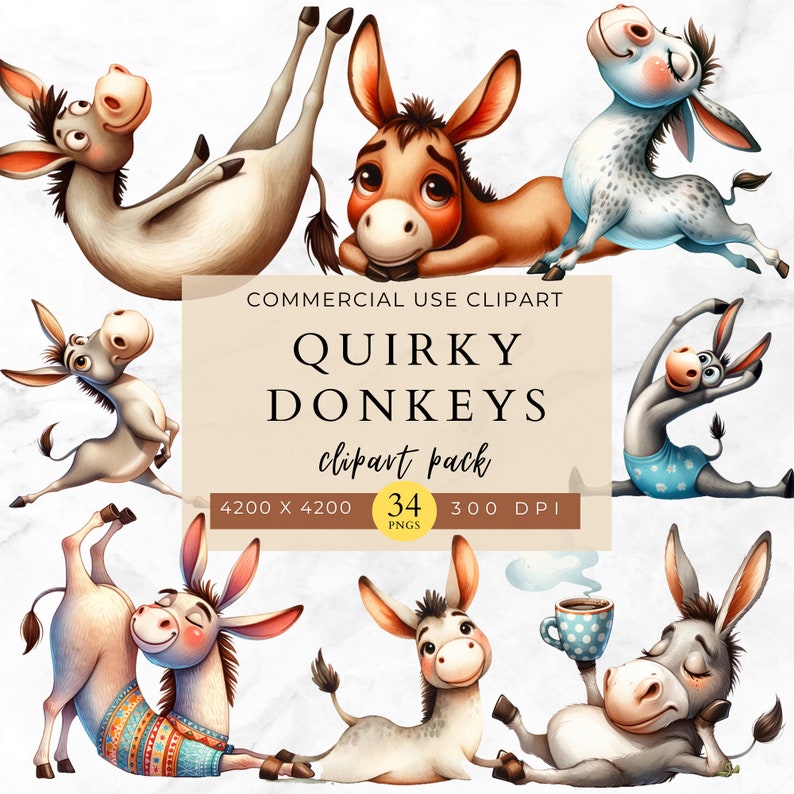 Quirky Donkeys Clip Art Pack, Donkey Stickers, Whimsical, Funny Donkeys ...