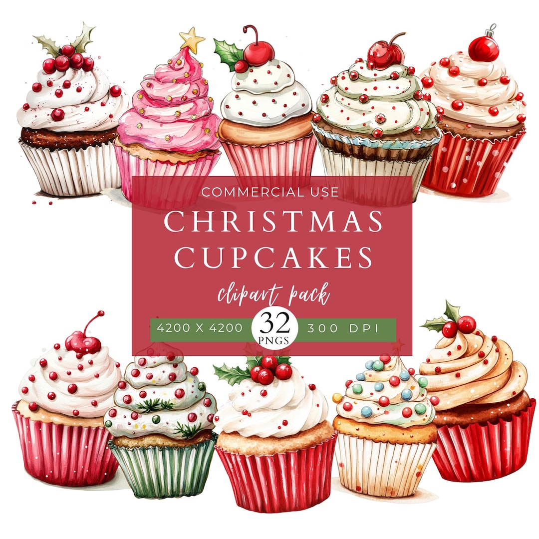 Christmas Cupcakes Clip Art Pack, Commercial Use, Christmas Delicacies ...