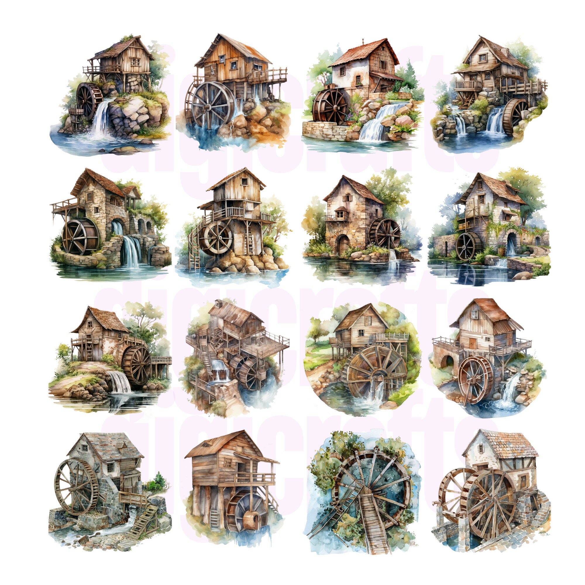Water Mills Clip Art Pack, Commercial Use, Vintage, Wall Prints, Crafts ...