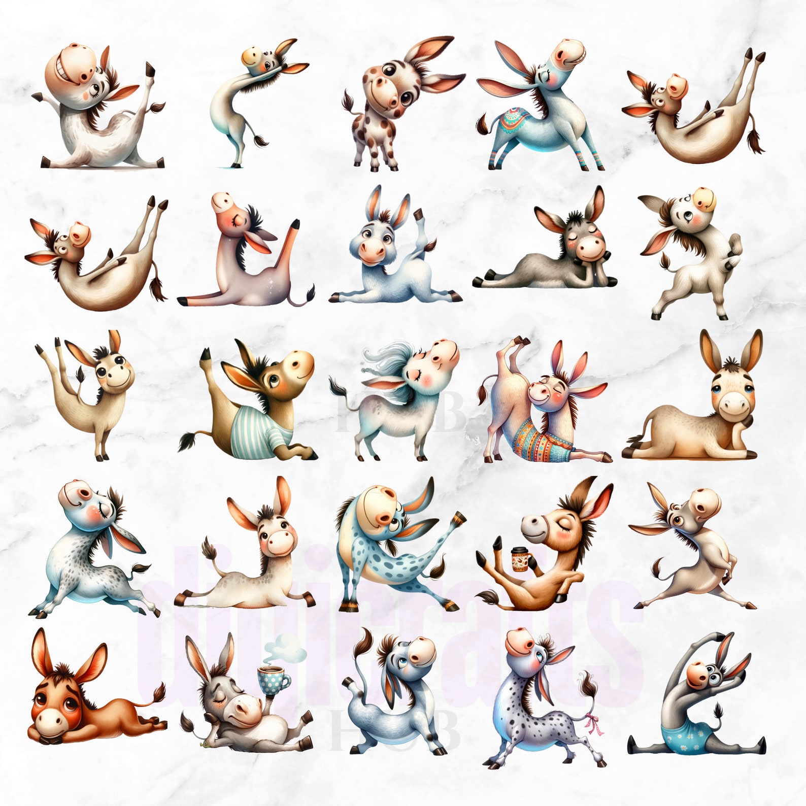 Quirky Donkeys Clip Art Pack, Donkey Stickers, Whimsical, Funny Donkeys ...