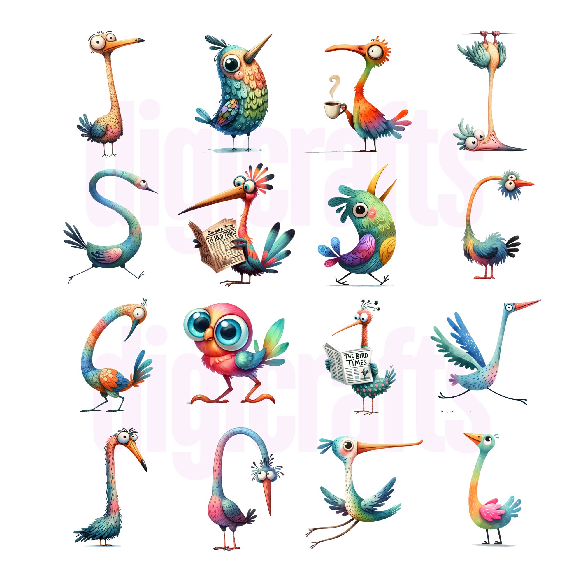 Quirky Birds Clip Art Pack, Bird Stickers, Whimsical, Funny Birds ...
