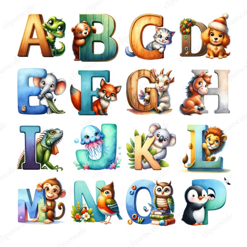 26 Fun Animals Alphabet Letters Clip Art Pack, PNG, Watercolor, Clip ...