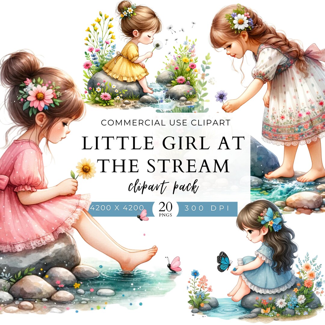 Little Girl at the Stream Clip Art Pack, Commercial Use, Girl Graphics ...