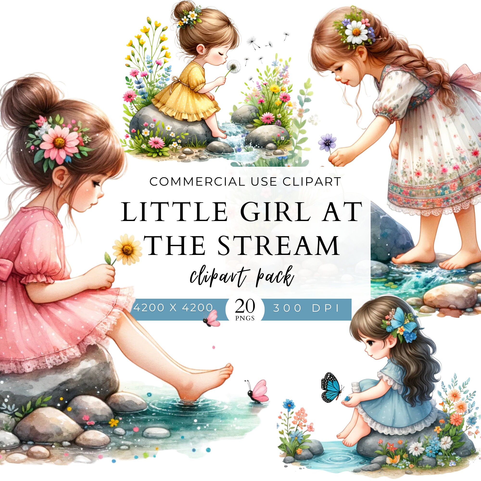 Little Girl at the Stream Clip Art Pack, Commercial Use, Girl Graphics ...