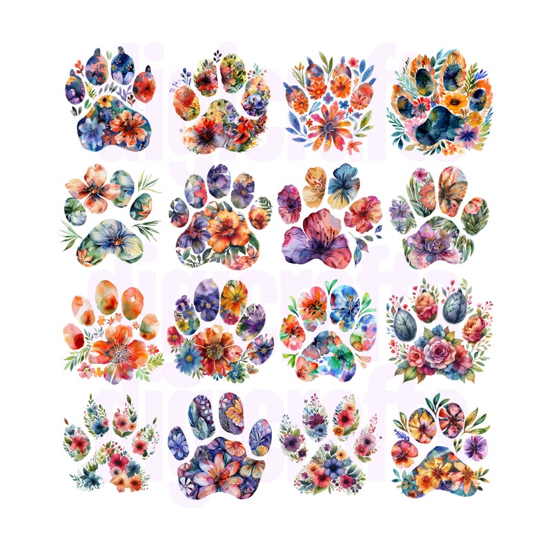 Floral Paws Clip Art Pack, Commercial Use, Pet Lover, Nursery Decor ...