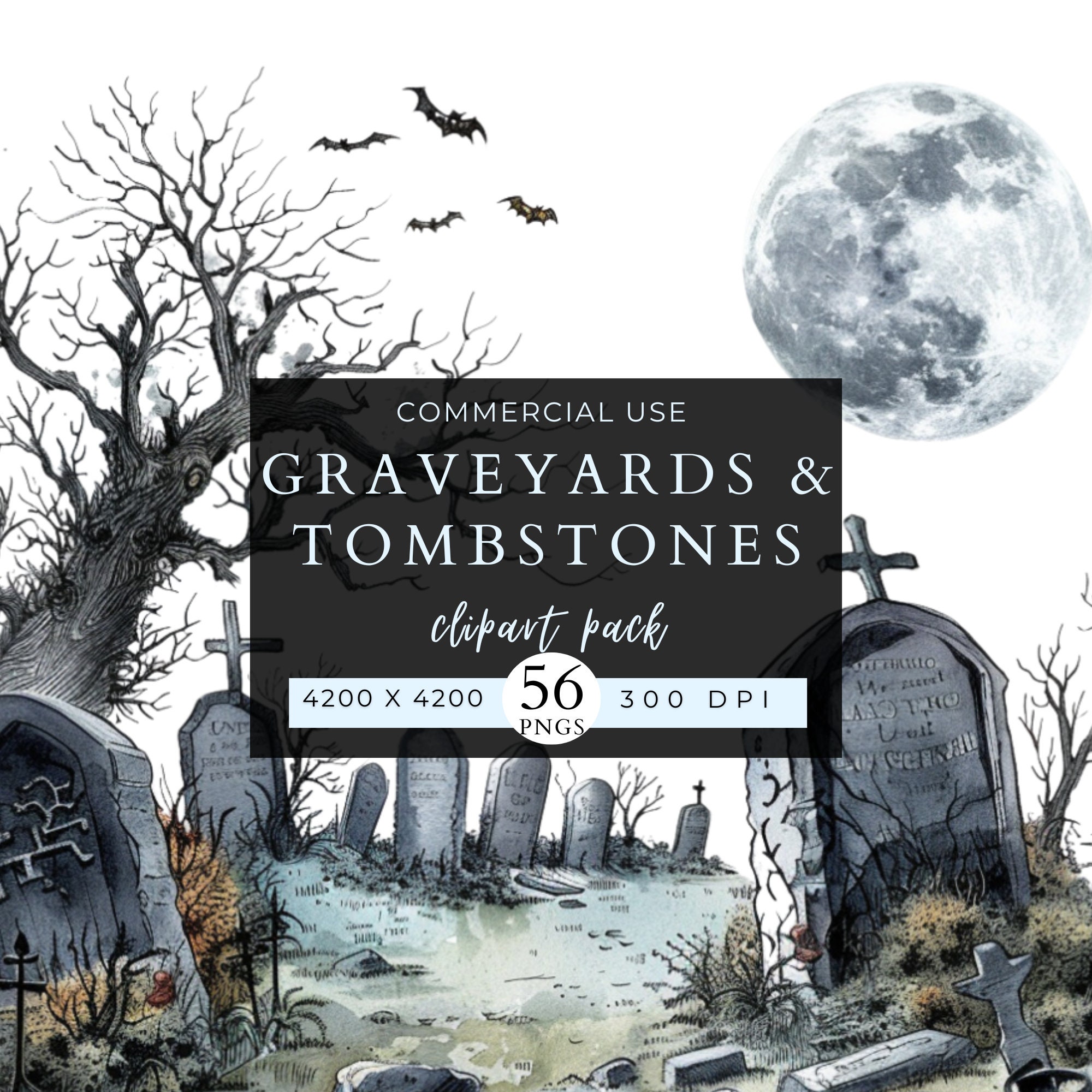 Graveyards and Tombstones Clip Art Pack, Halloween Clipart, Commercial ...