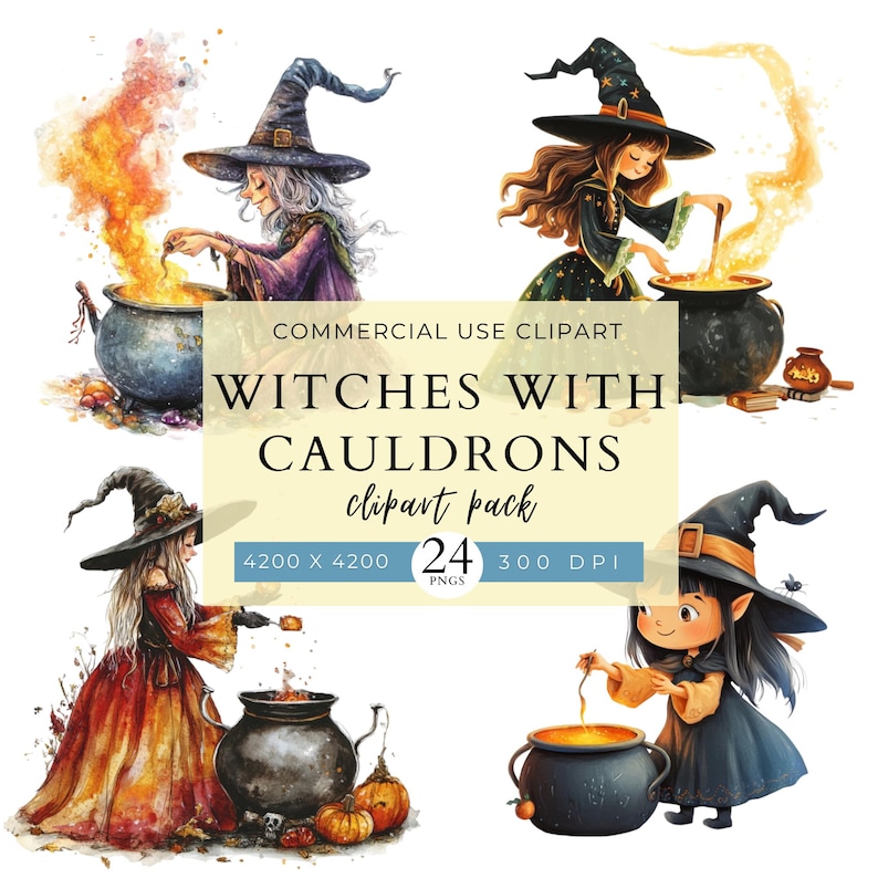 Witch With Cauldron Clip Art Pack, Commercial Use, Spooky, Scrapbook ...