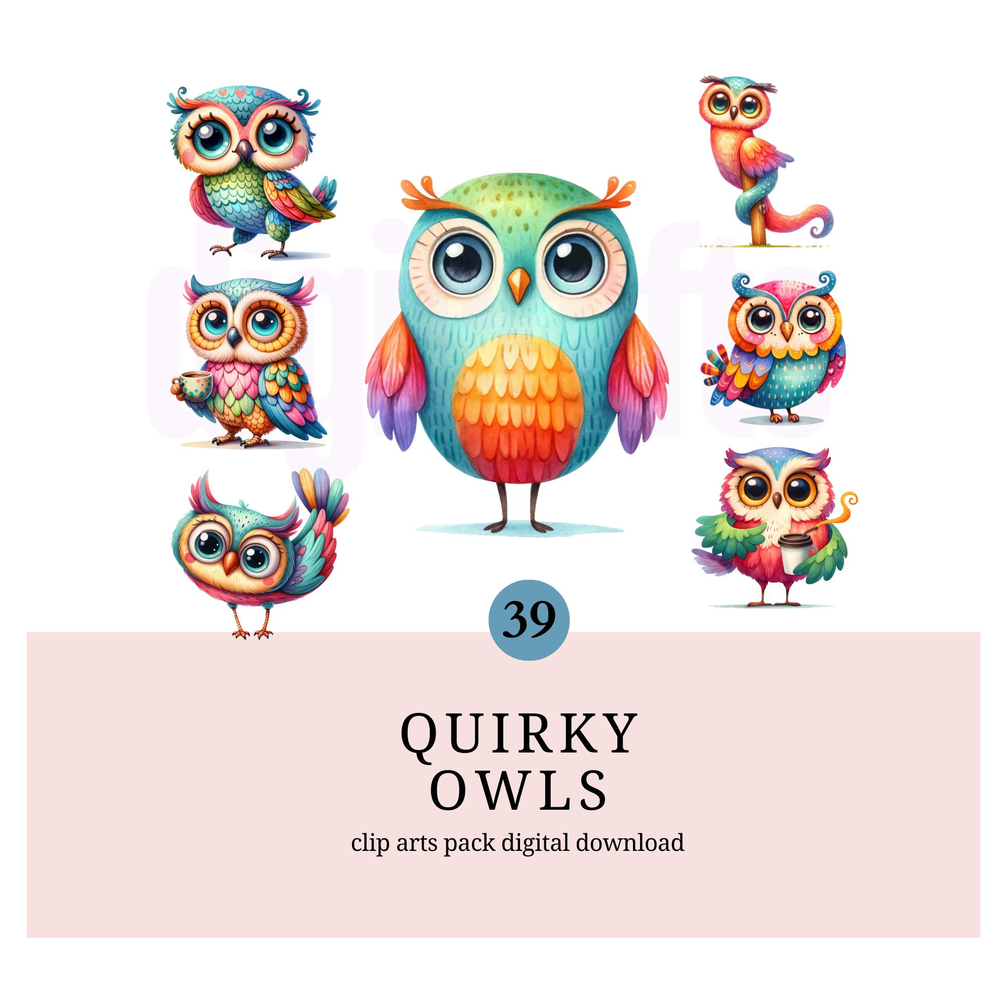 Quirky Owls Clip Art Pack, Owl Stickers, Whimsical, Funny Owl ...