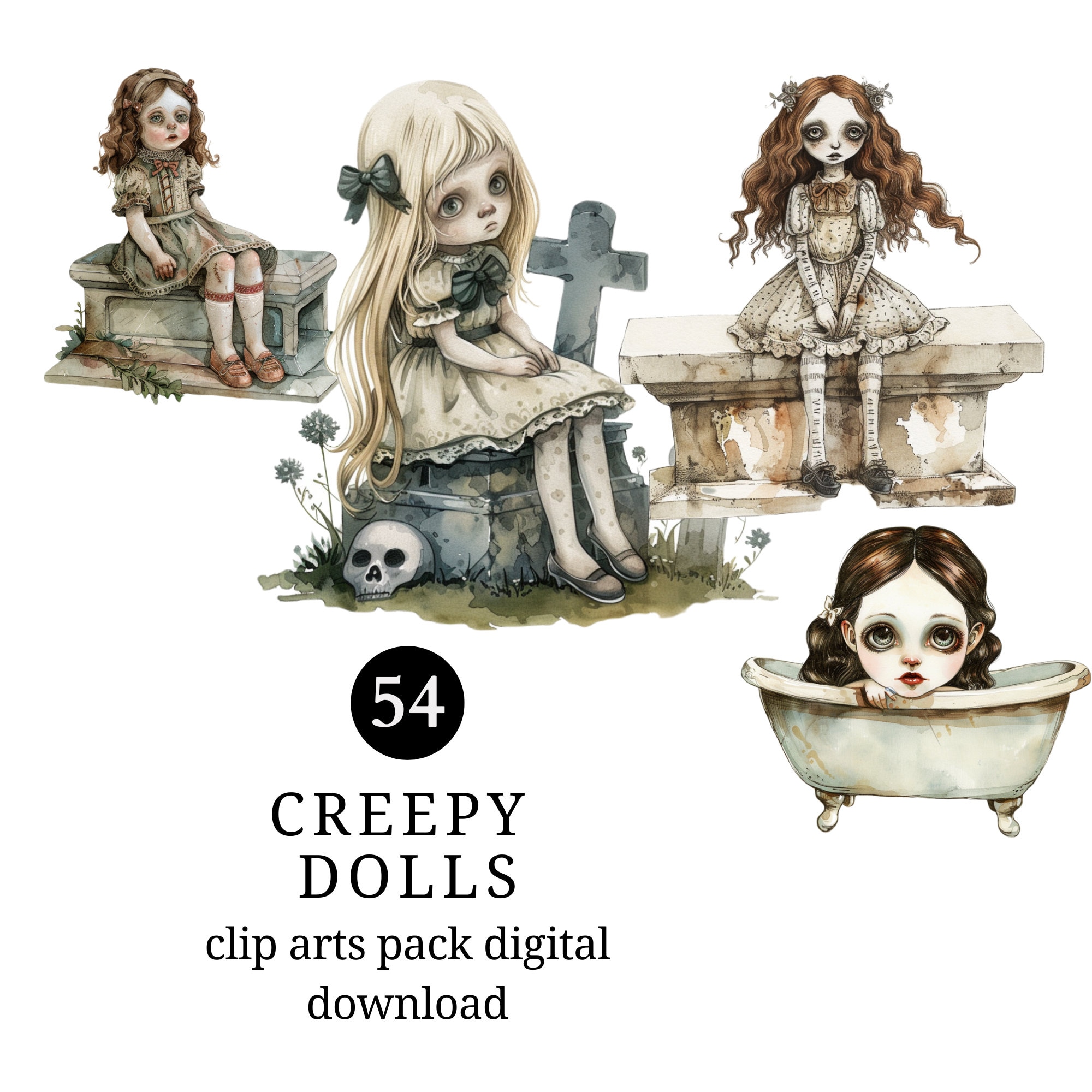 Creepy Dolls Clip Art Pack, Halloween Clipart, Commercial Use, PNG ...
