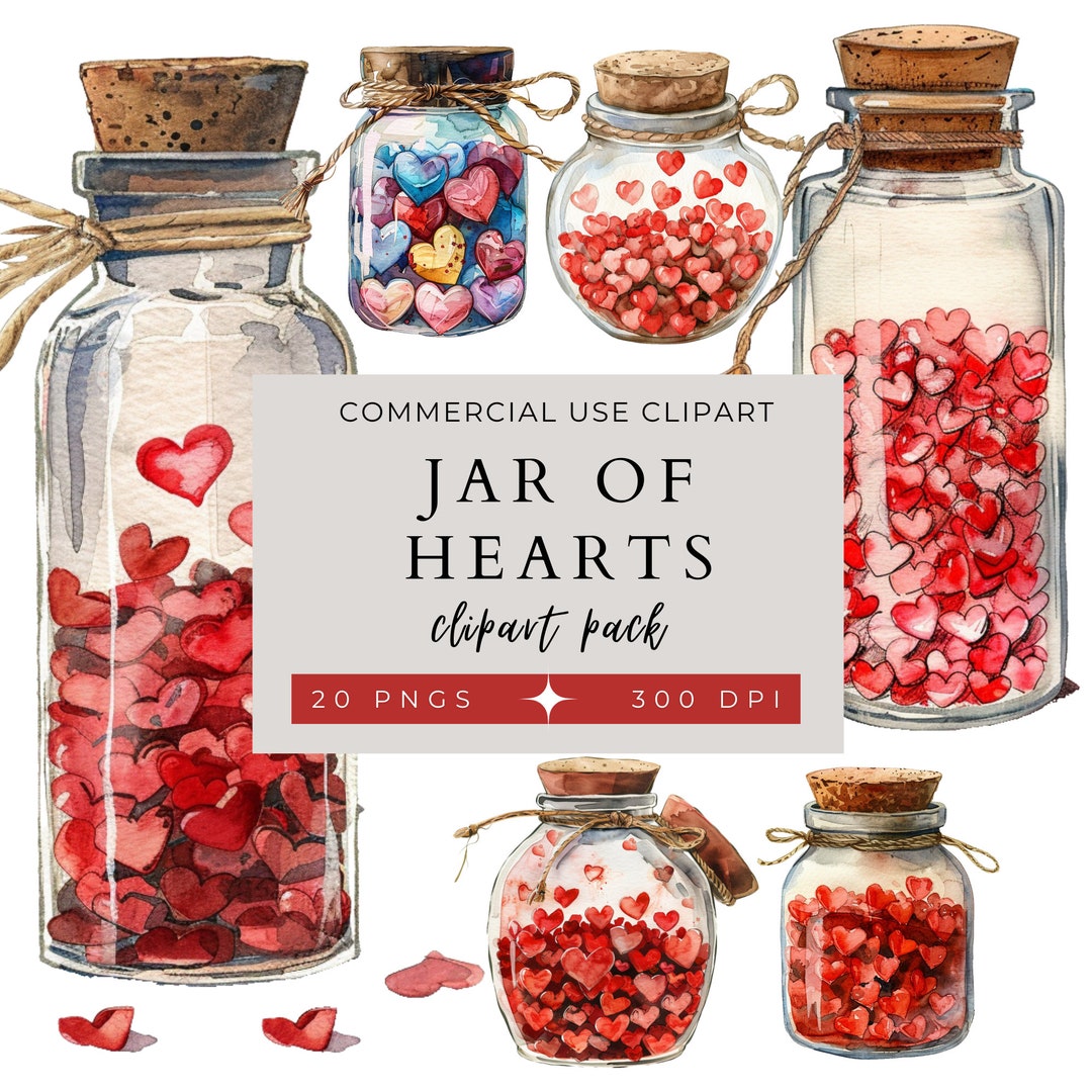 Jar of Hearts Clip Art Pack, Commercial Use, Floral Theme, Red Hearts ...