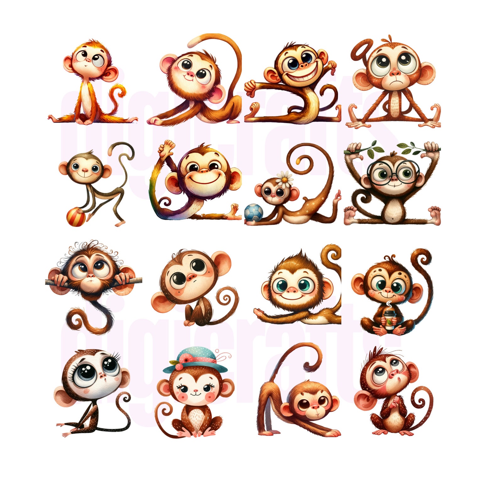 Quirky Monkey Clip Art Pack, Monkey Stickers, Whimsical, Funny Monkeys ...