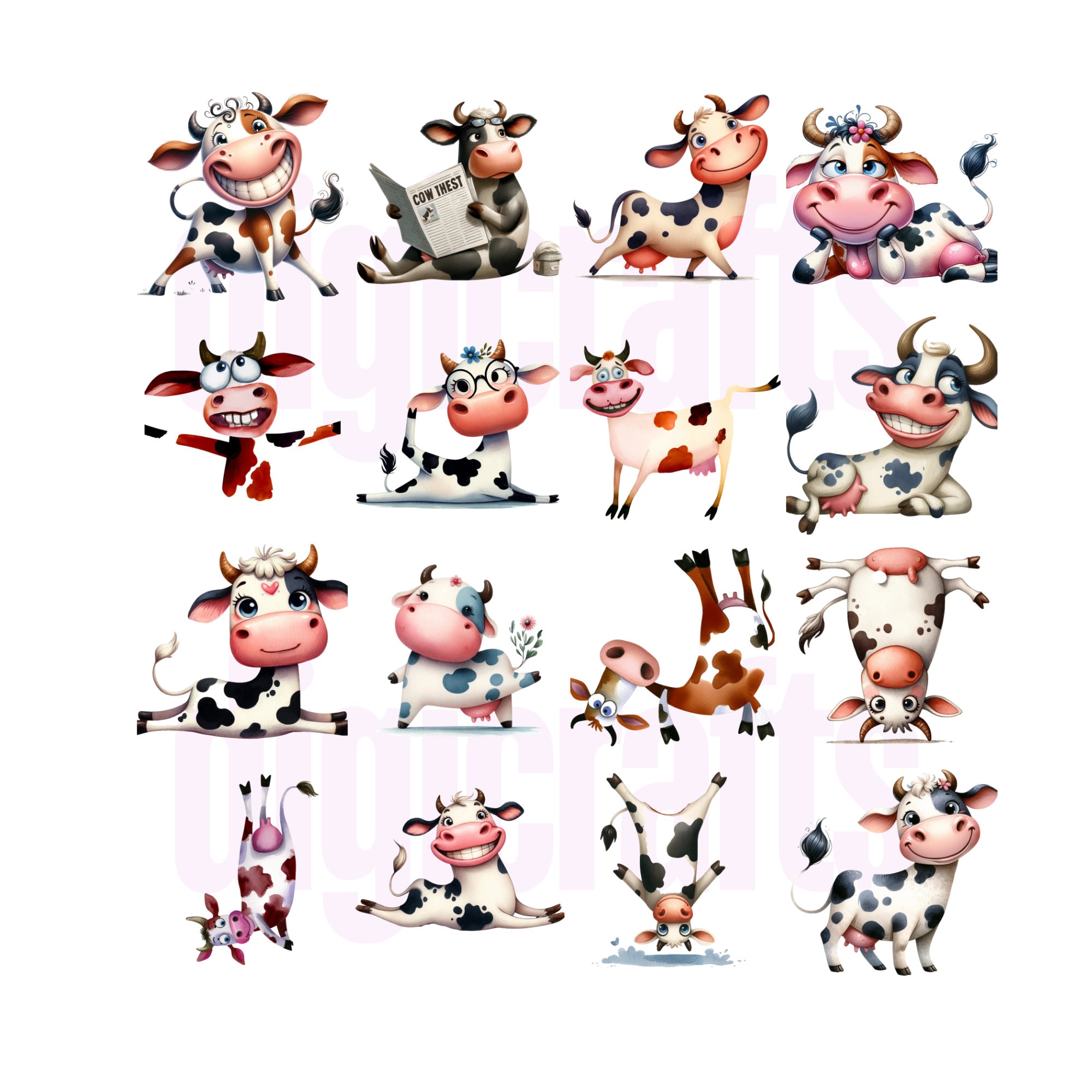 Quirky Cow Clip Art Pack, Cow Stickers, Whimsical, Funny Cows ...