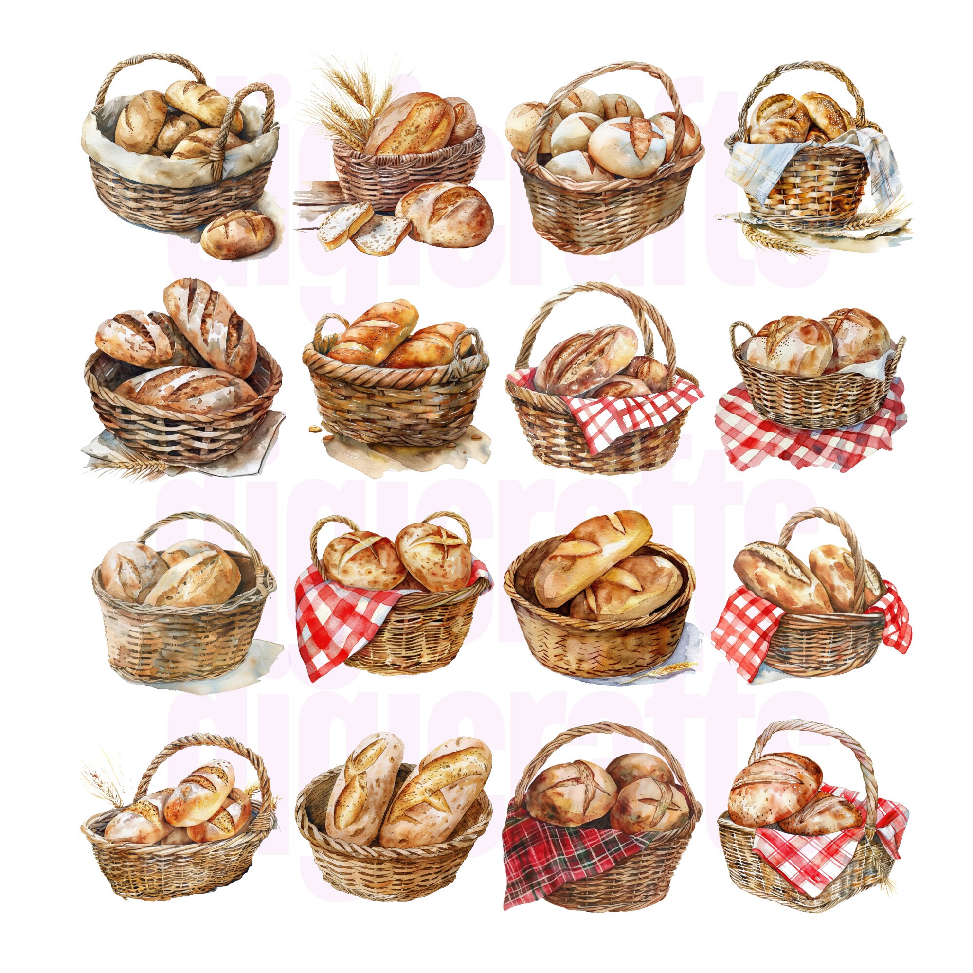 Bread Baskets Clip Art Pack, Commercial Use, Rustic, Culinary Graphics ...