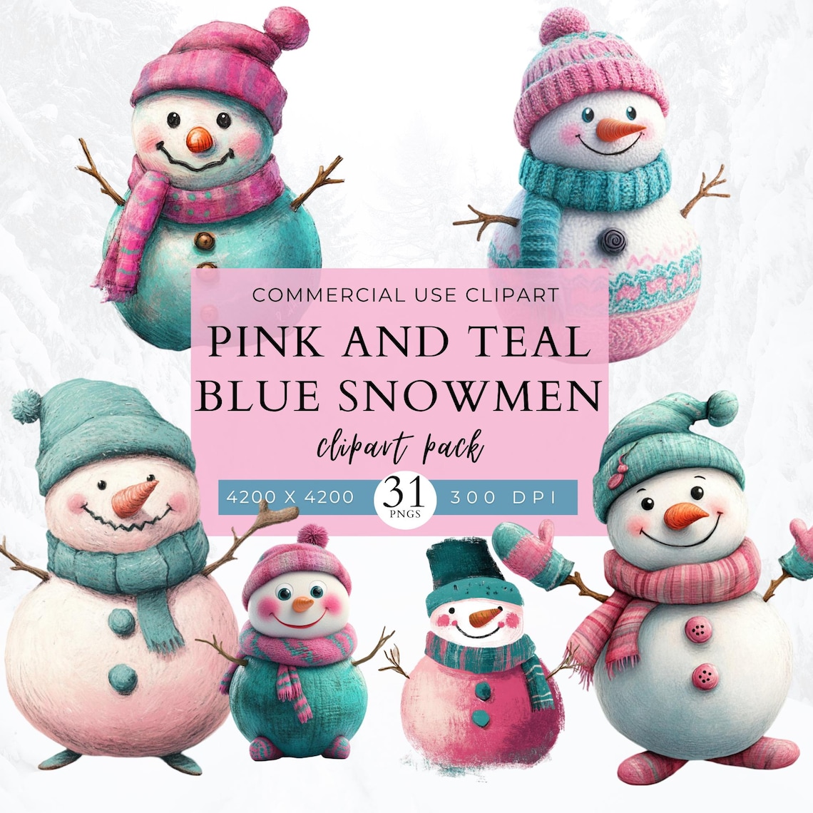 Pink and Teal Blue Snowmen Clip Art Pack, Christmas Graphics, Holidays ...