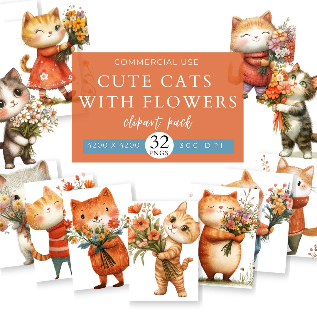 Cute Cats With Flowers Clip Art Pack, Cat and Flowers, Whimsical, Funny ...