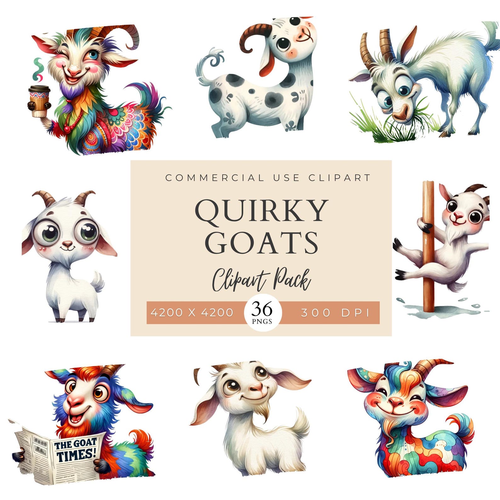Quirky Goat Clip Art Pack, Goat Stickers, Whimsical, Funny Goat ...