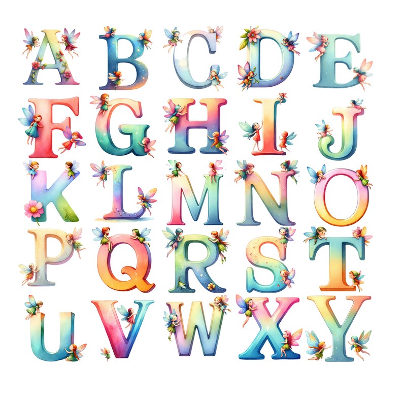 Fairy Alphabet and Numbers PNG, Watercolor, Clip Arts for Commercial ...