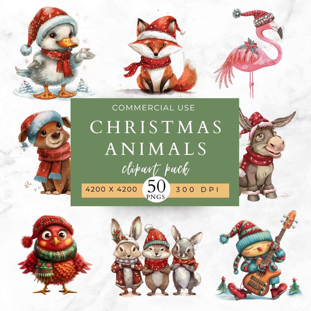 Cute Christmas Animals Clip Art Pack, Commercial Use, Christmas ...