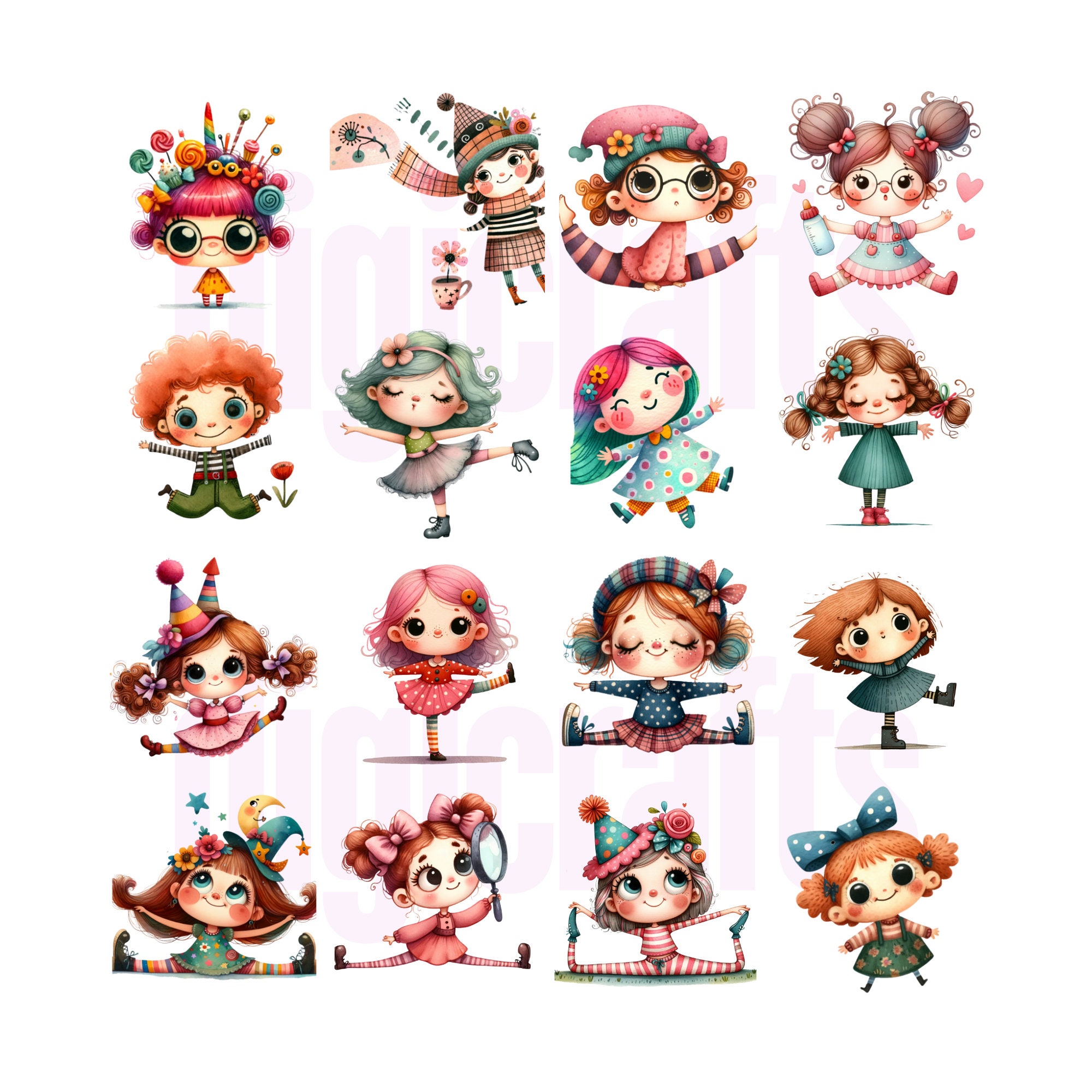 Quirky Little Girls Clip Art Pack, Commercial Use, Graphics, Playful ...