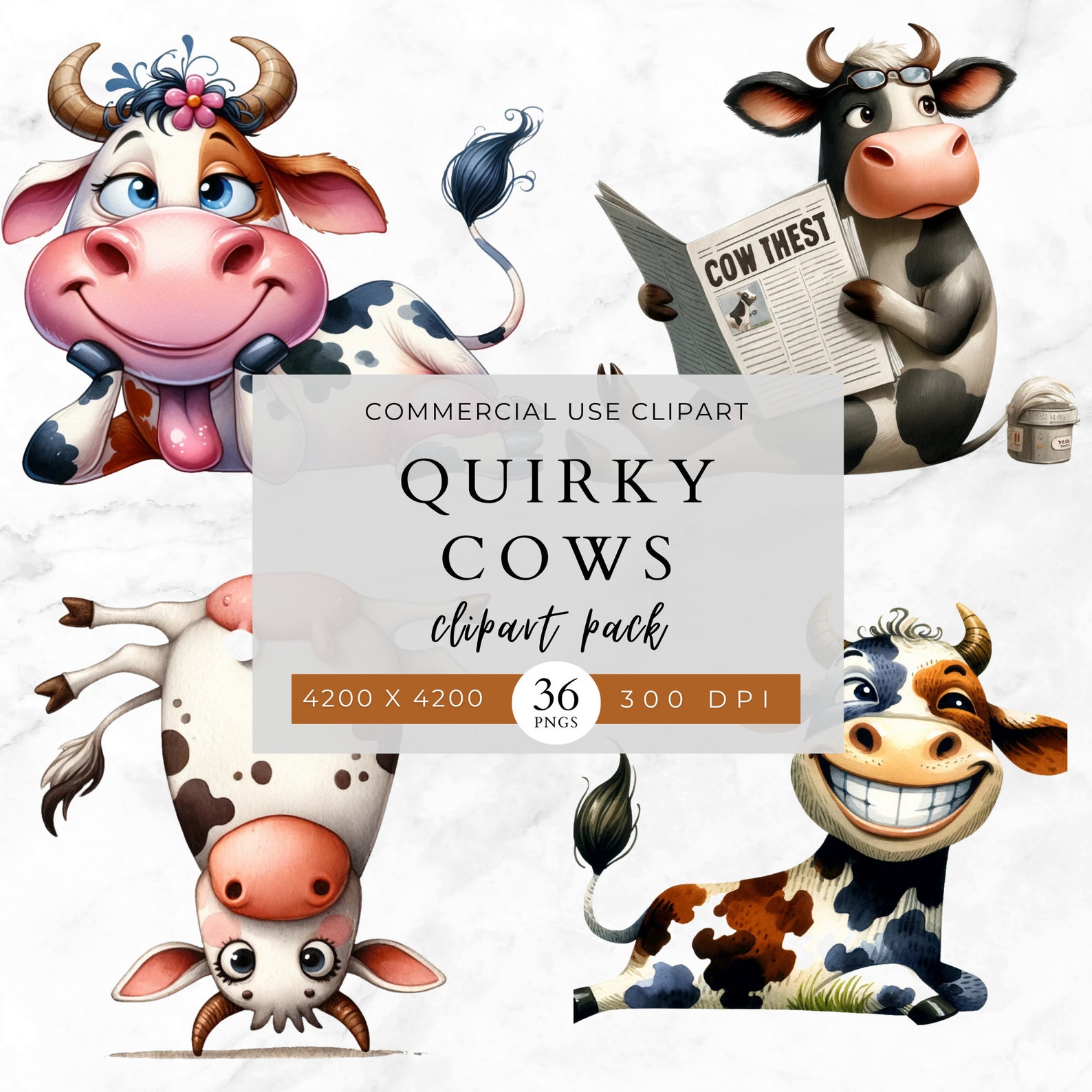 Quirky Cow Clip Art Pack, Cow Stickers, Whimsical, Funny Cows ...