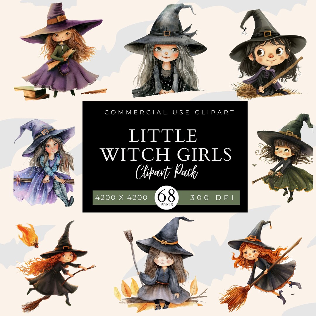 Cute Witch Girls Clip Art Pack, Halloween Clipart, Commercial Use, PNG ...