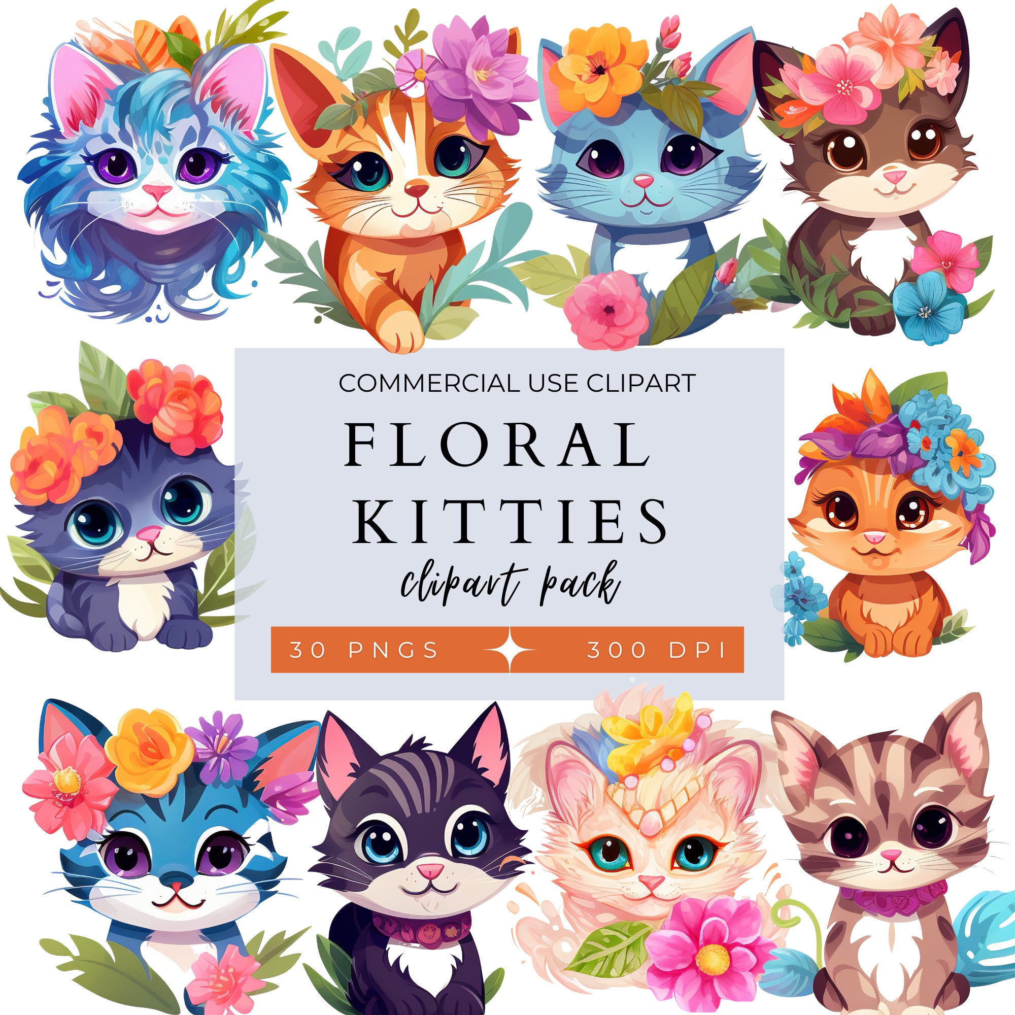 Floral Kitties Clip Art Pack, Commercial Use, Cat Graphics, Animal ...