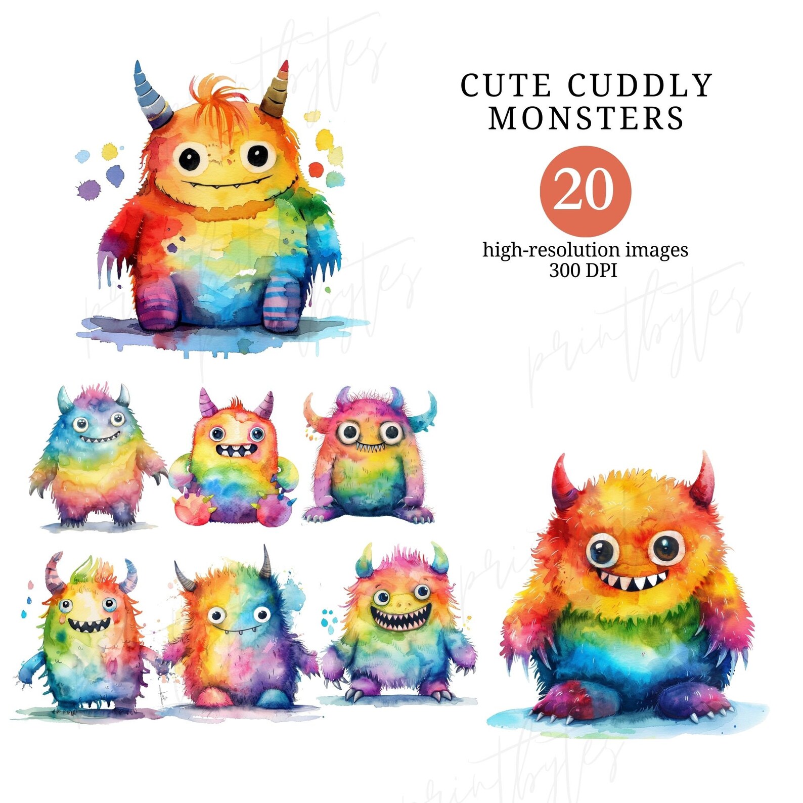 Cute Cuddly Monsters Art Pack, Commercial Use, Funny, Wall Art ...