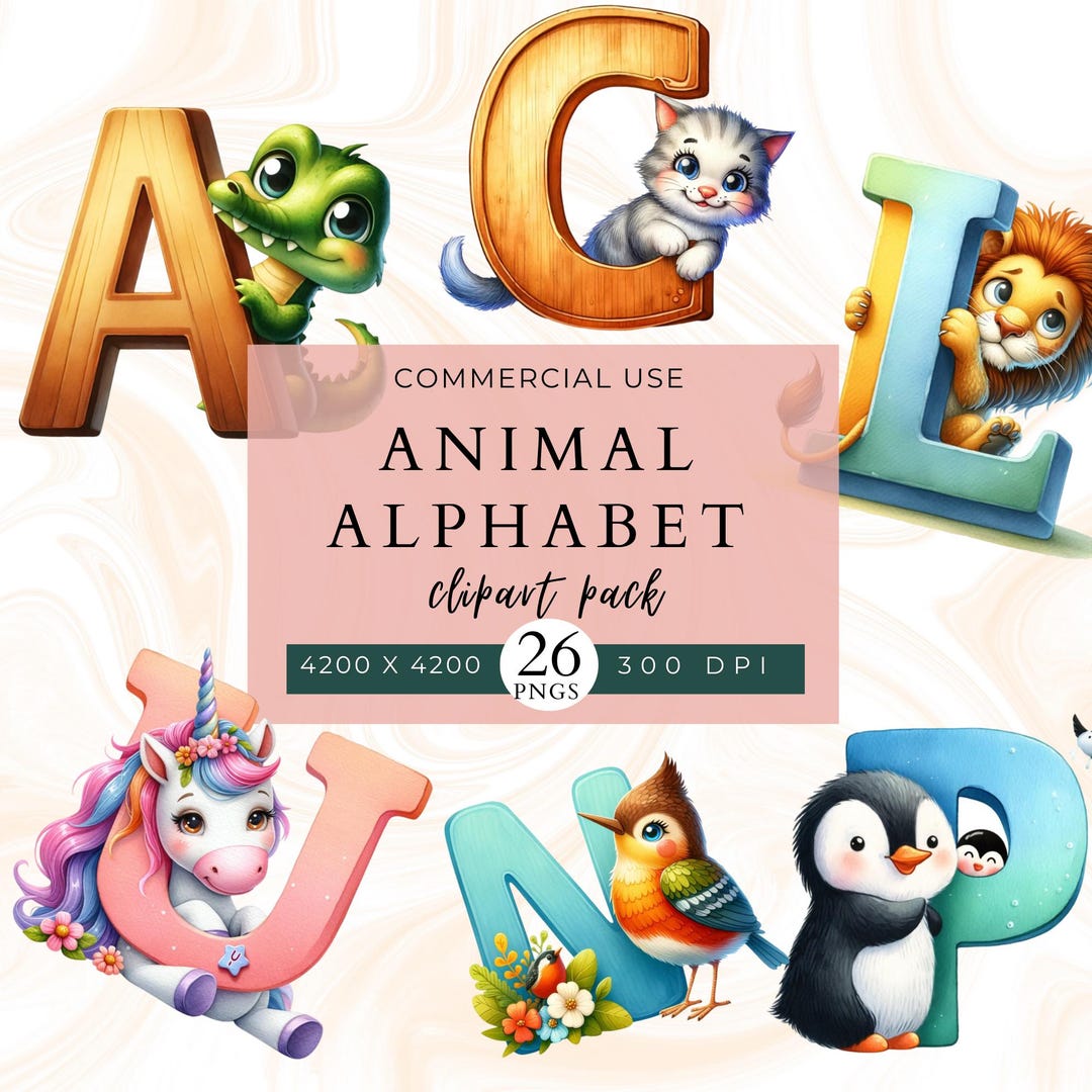 26 Fun Animals Alphabet Letters Clip Art Pack, PNG, Watercolor, Clip ...
