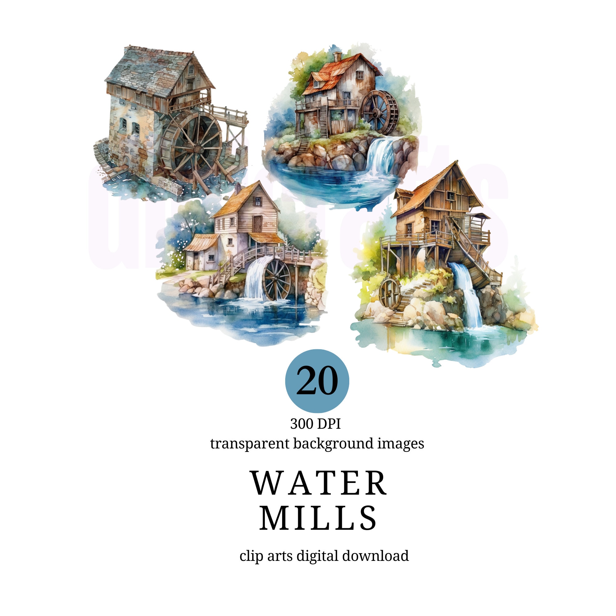 Water Mills Clip Art Pack, Commercial Use, Vintage, Wall Prints, Crafts ...