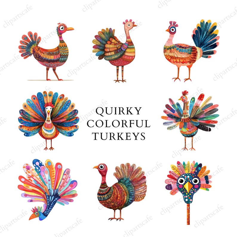 Quirky Colorful Turkeys Clip Art Pack, Turkey Stickers, Funny Animals ...