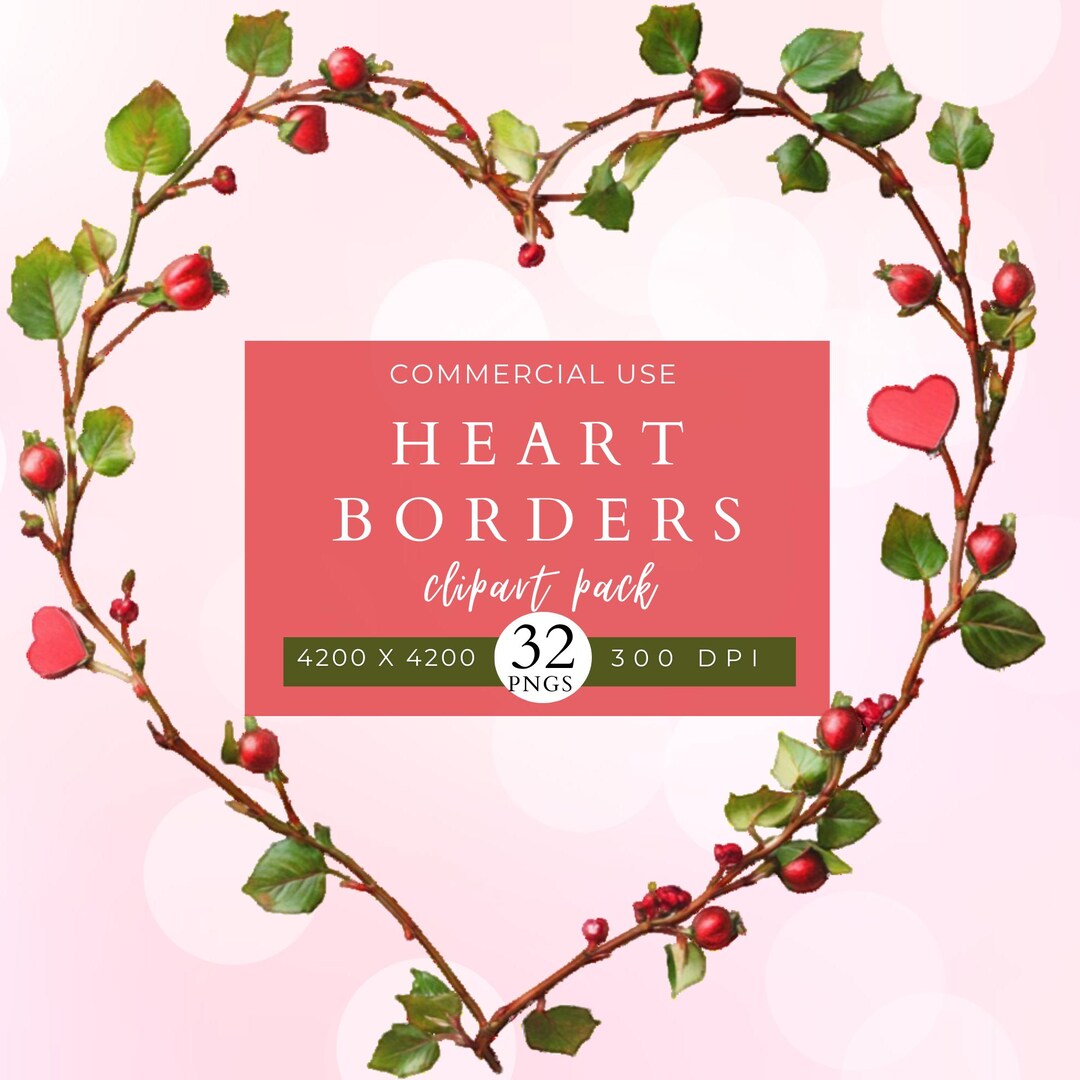 Floral Heart Borders Clip Art: 32 PNG Romantic Graphics (digital ...