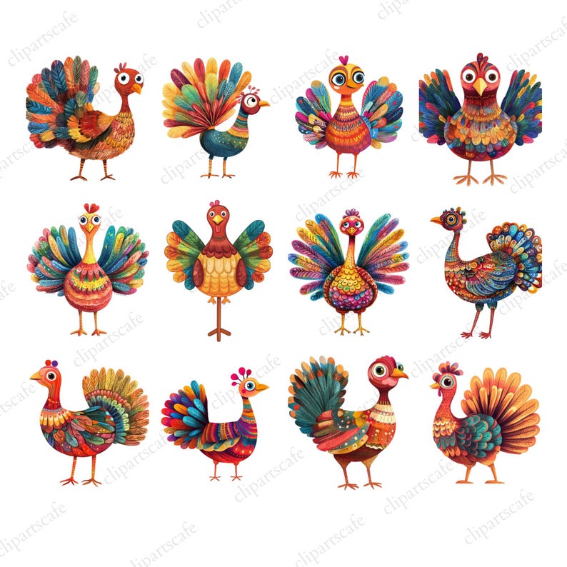 Quirky Colorful Turkeys Clip Art Pack, Turkey Stickers, Funny Animals ...