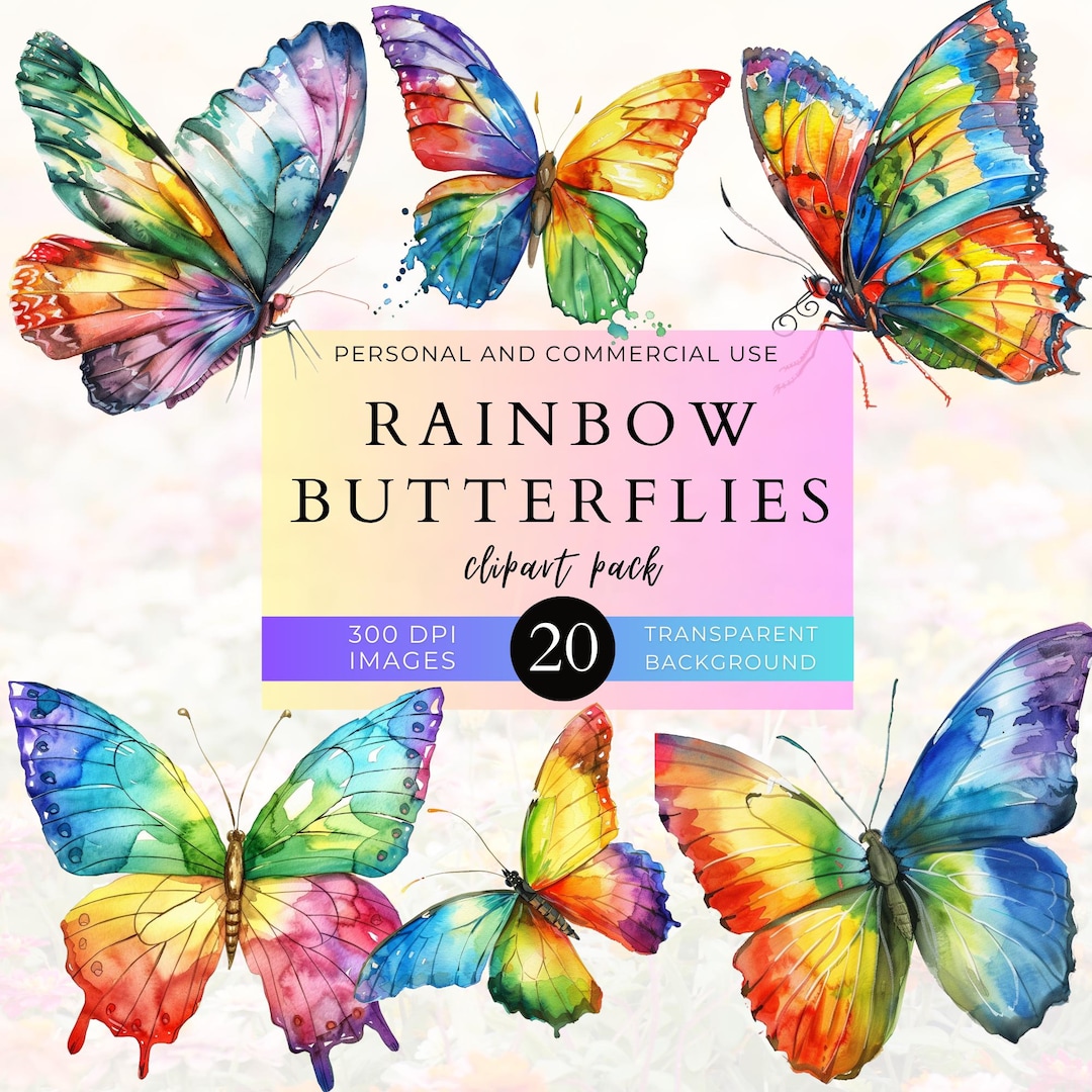 Rainbow Butterflies Clip Art Pack, Commercial Use, Tropical Theme ...