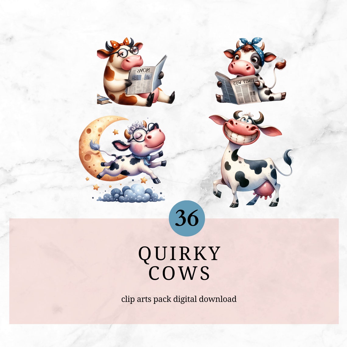 Quirky Cow Clip Art Pack, Cow Stickers, Whimsical, Funny Cows ...