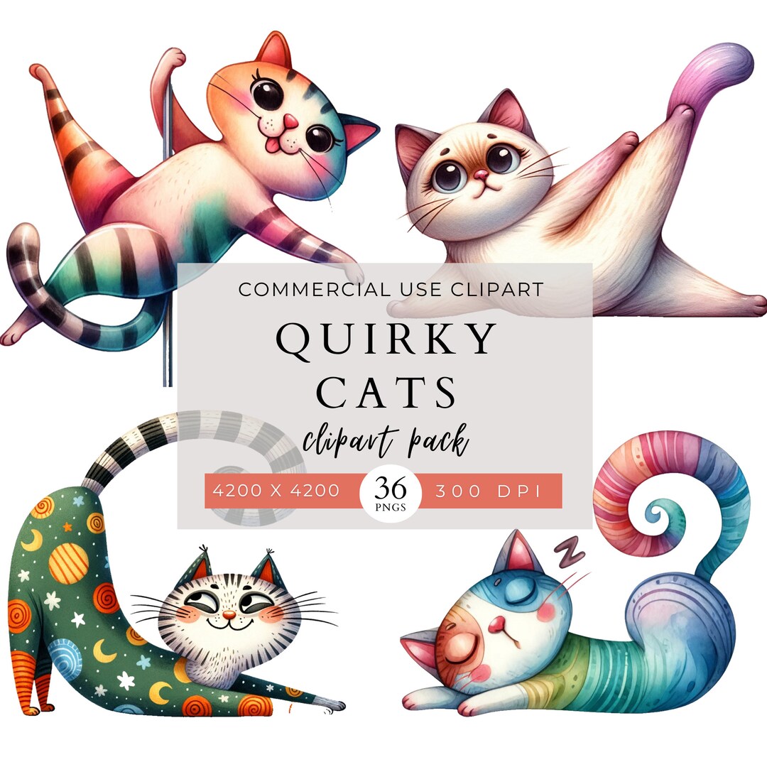 Quirky Cat Clip Art Pack, Cat Stickers, Whimsical, Funny Cats ...