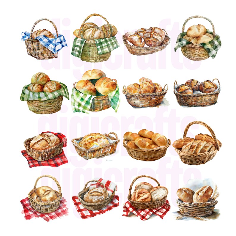 Bread Baskets Clip Art Pack, Commercial Use, Rustic, Culinary Graphics ...