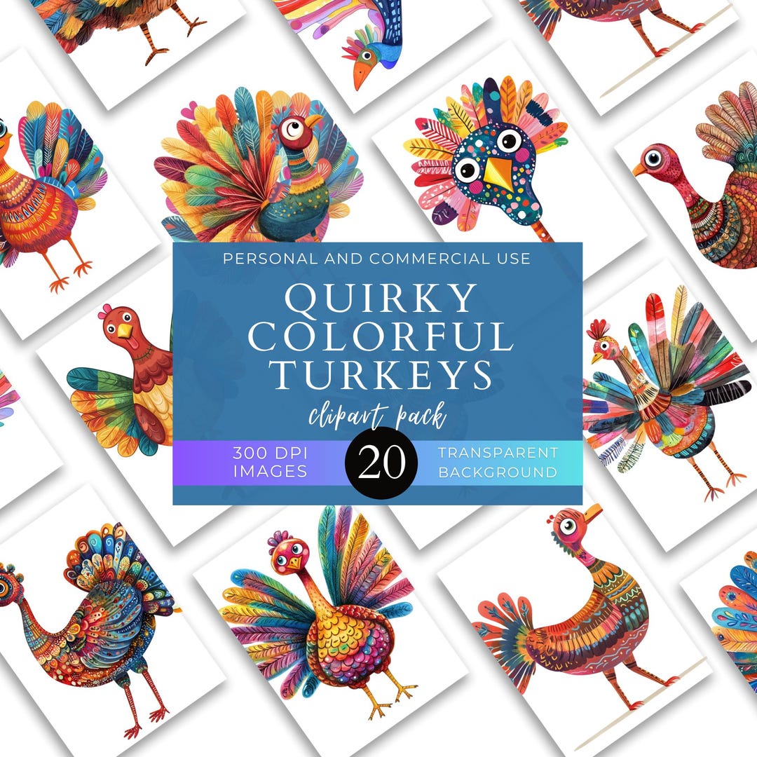 Quirky Colorful Turkeys Clip Art Pack, Turkey Stickers, Funny Animals ...